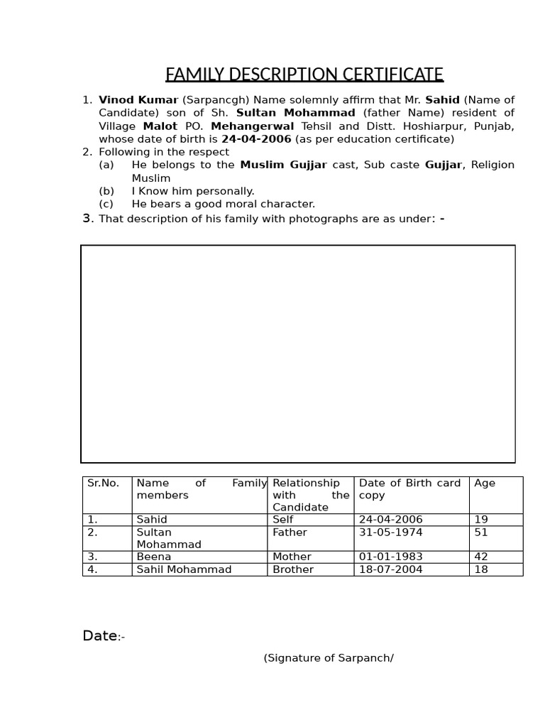 Family Description Certificate Details | PDF