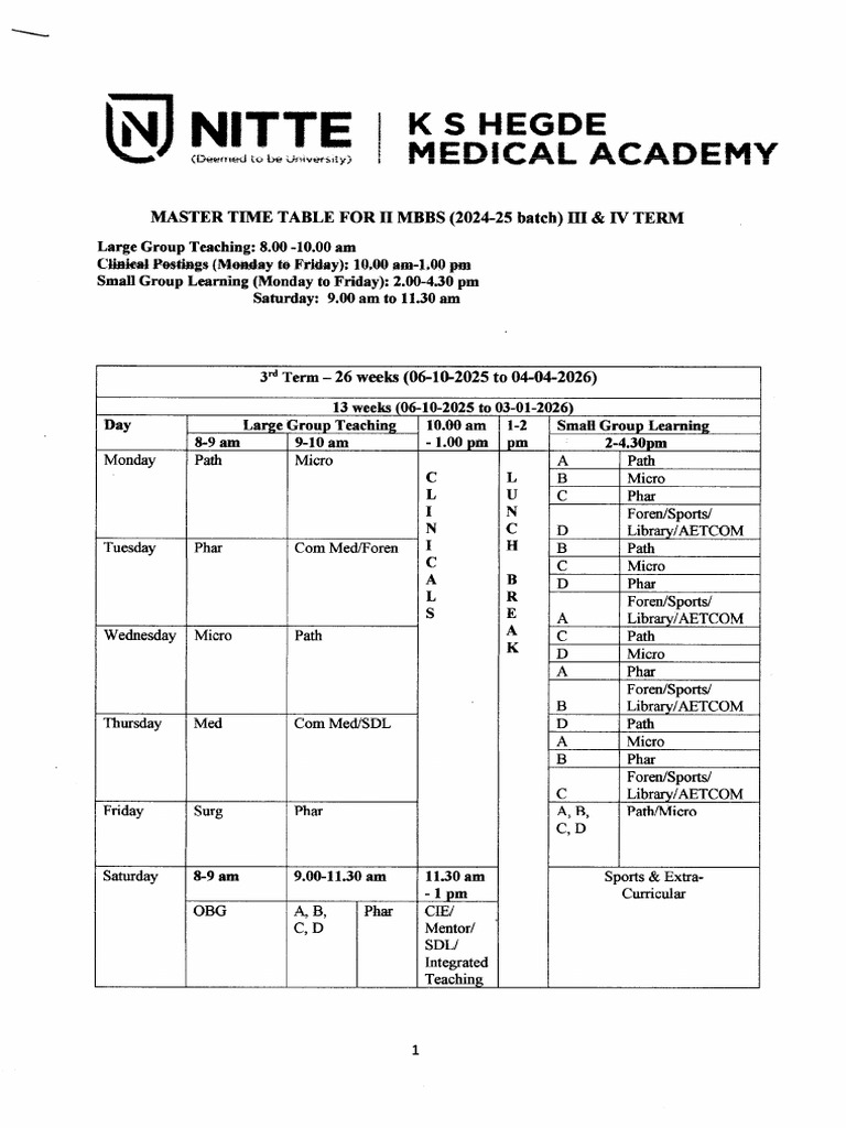 Master Timetable-II MBBS (2024 Batch) | PDF
