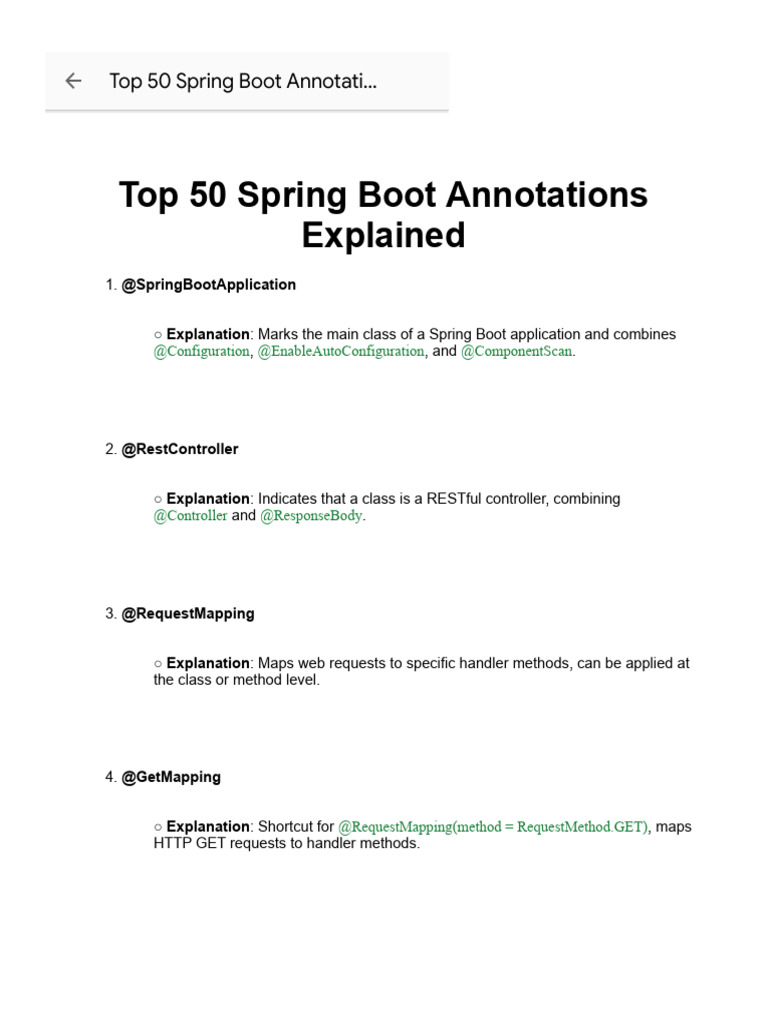 Top 50 Spring Boot Annotations Explained | PDF | Spring Framework | Software