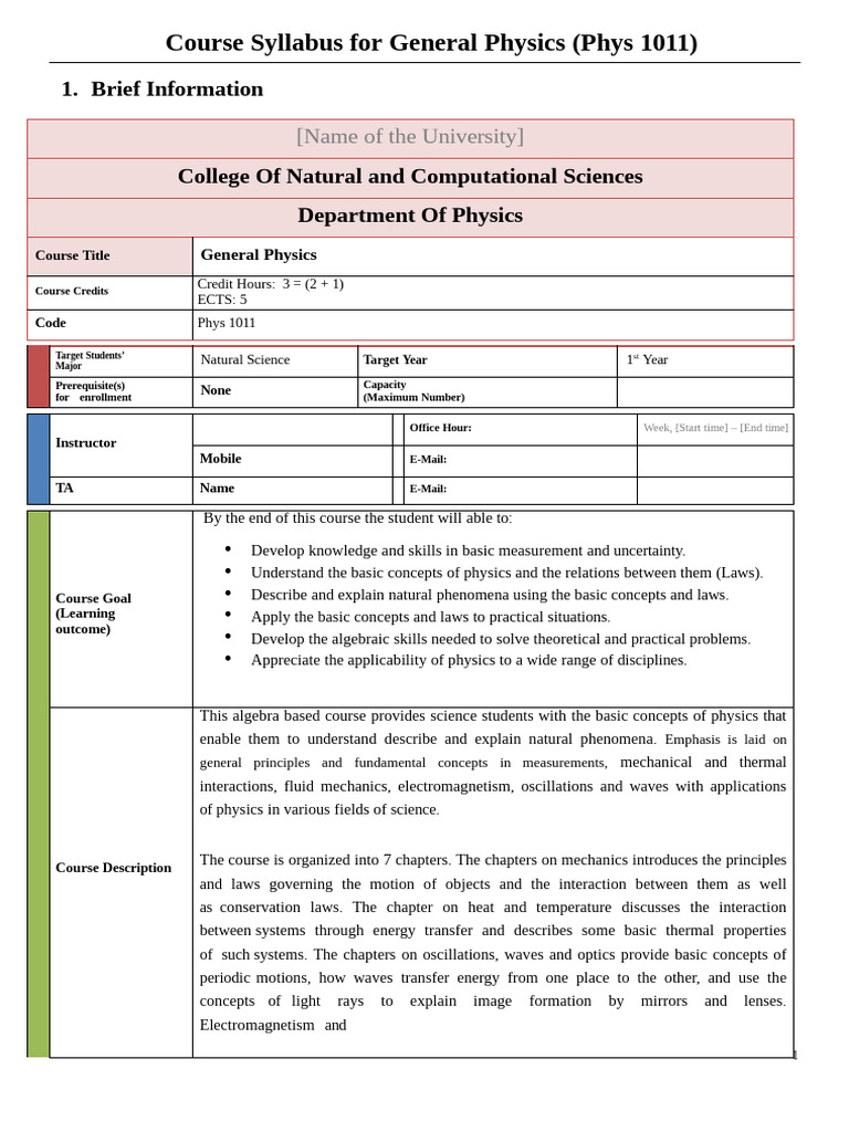General Physics Course Syllabus (Phys 1011) | PDF | Physics | Heat