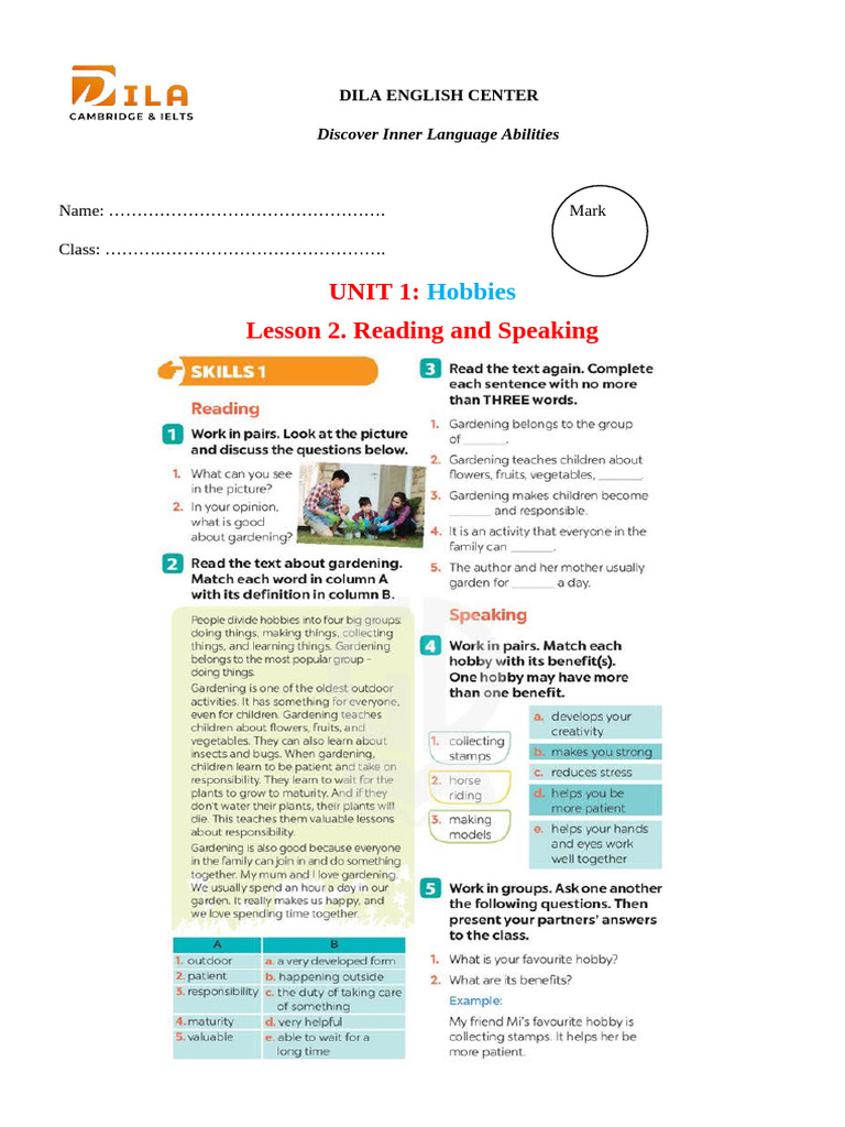 Unit 1. Hobbies. Lesson 2. Reading and Speaking | PDF