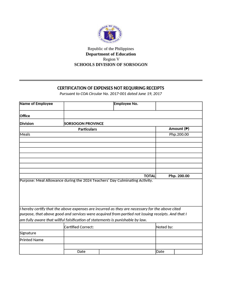 Certification of Exp Not Requiring Receipt 1 | PDF