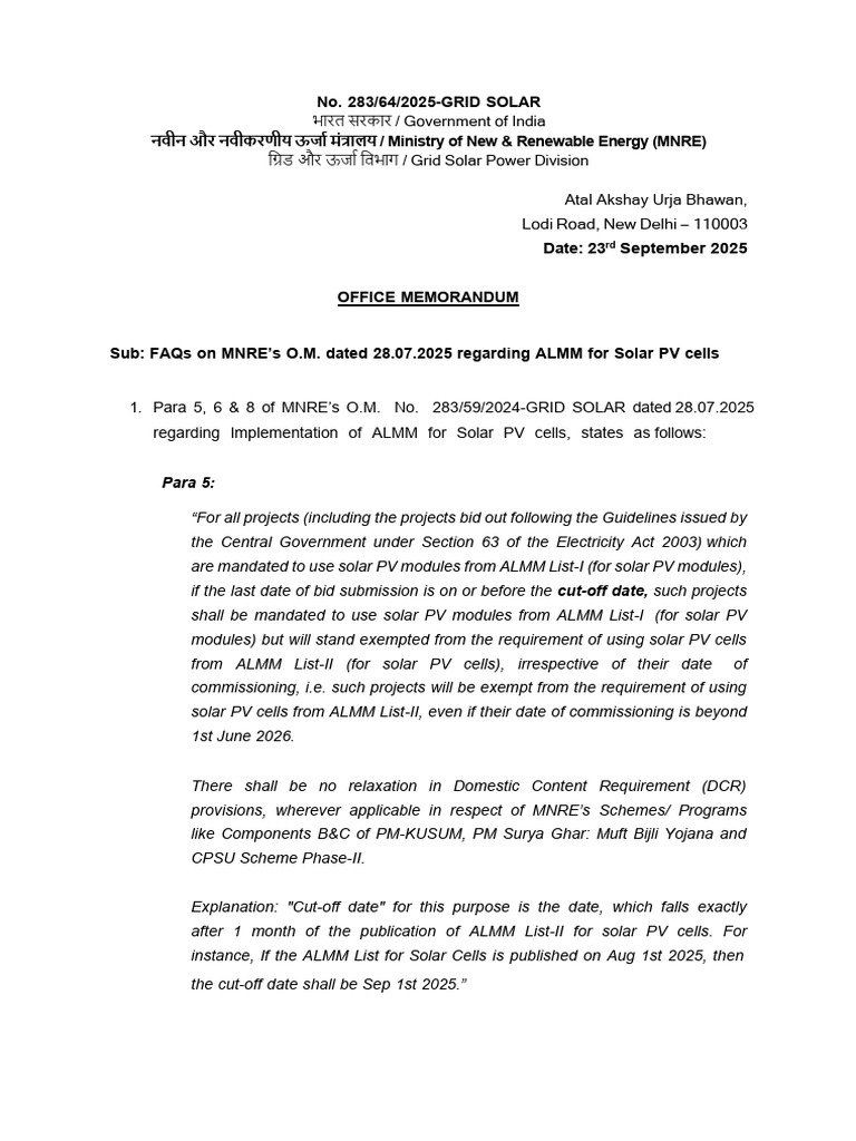 MNRE FAQs on ALMM for Solar PV Cells | PDF | Photovoltaic System ...