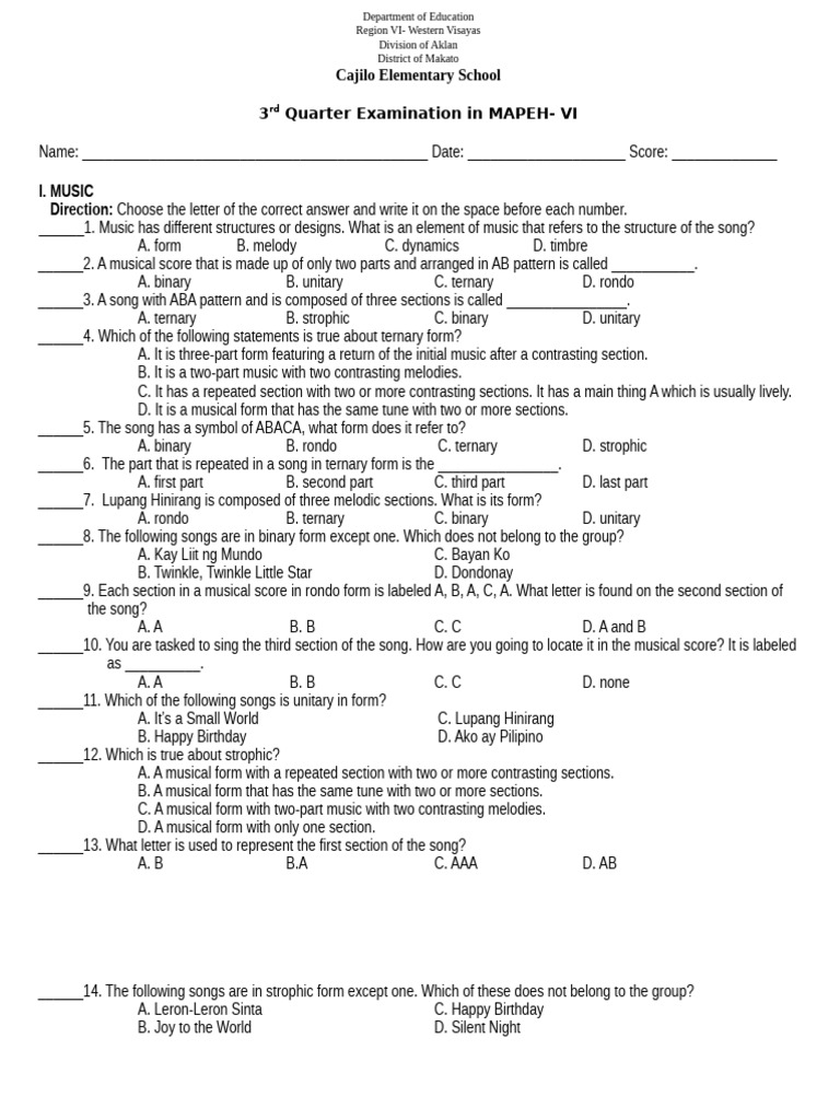 3rd Quarter Exam Mapeh V | PDF | Musical Forms