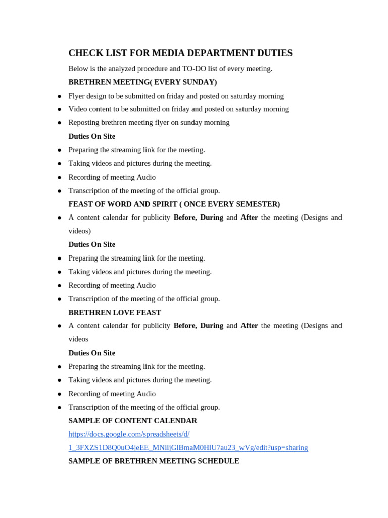Media Department Meeting Checklist | PDF