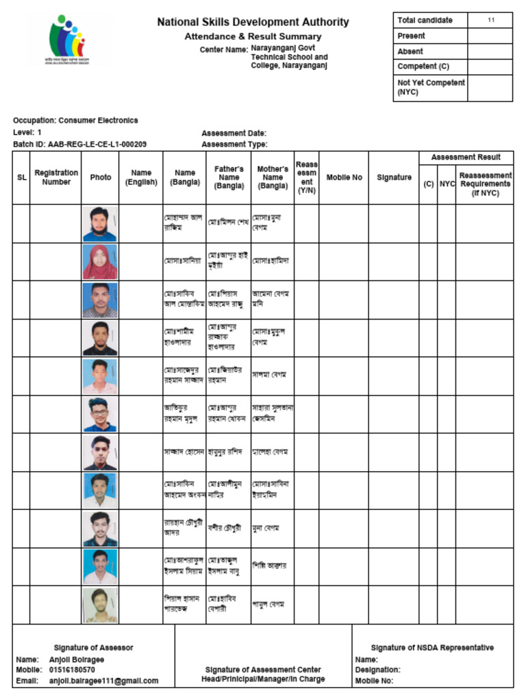Attendance and Result Sheet For Assessor One | PDF