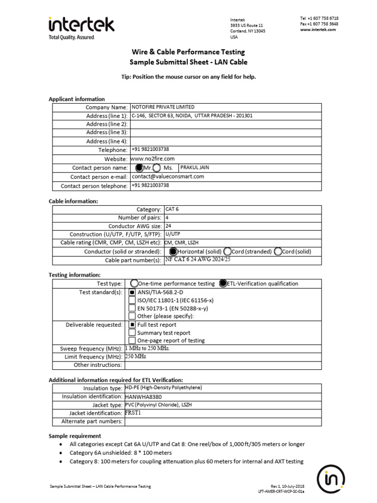 LAN Cable Sample Submittal Sheet Form FINAL | PDF | Electrical Equipment | Electrical Engineering