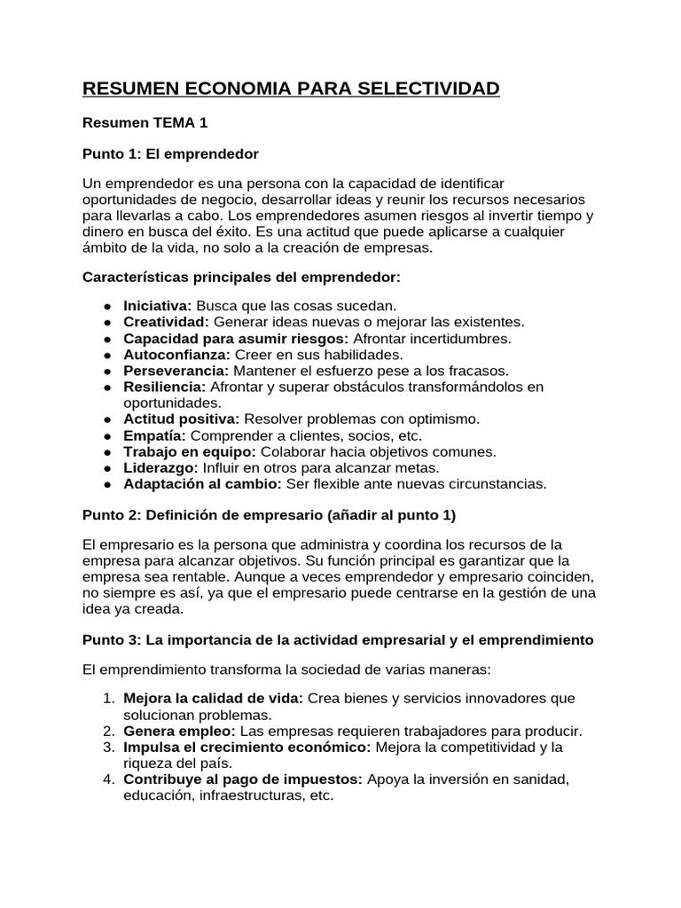Resumen Economia para Selectividad | PDF | Iniciativa empresarial | Business