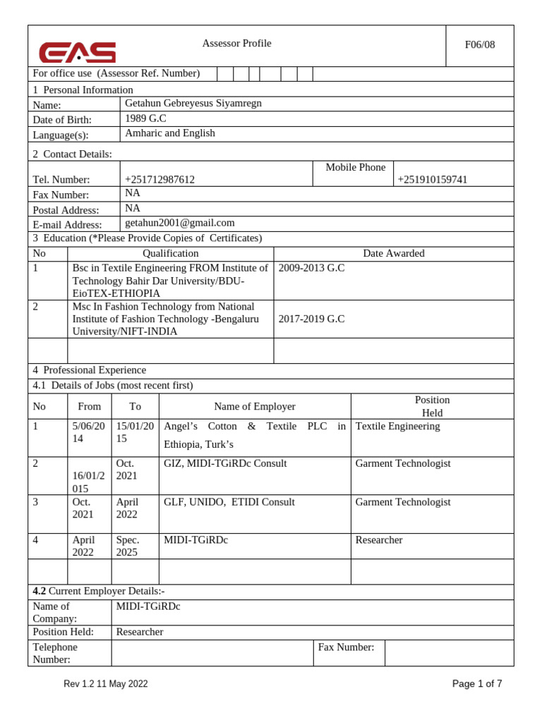 F06-08 Assessor Profile Form | PDF | Calibration | Certification