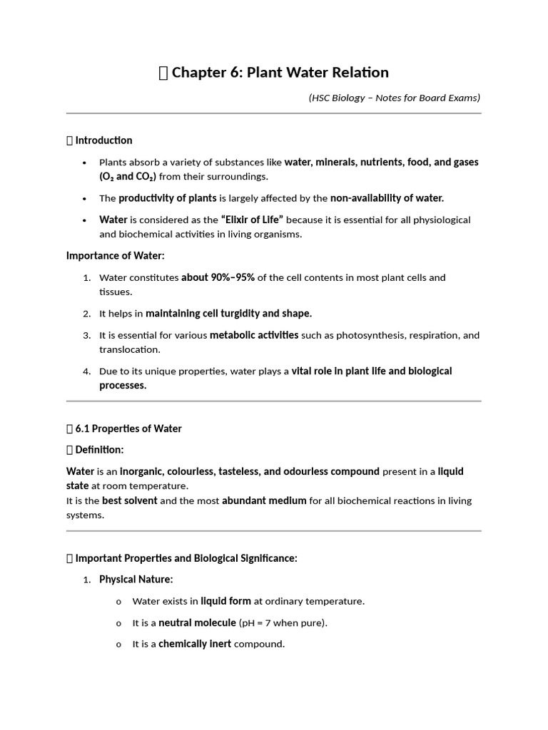 Plant Water Relations in Biology Notes | PDF | Osmosis | Chemistry