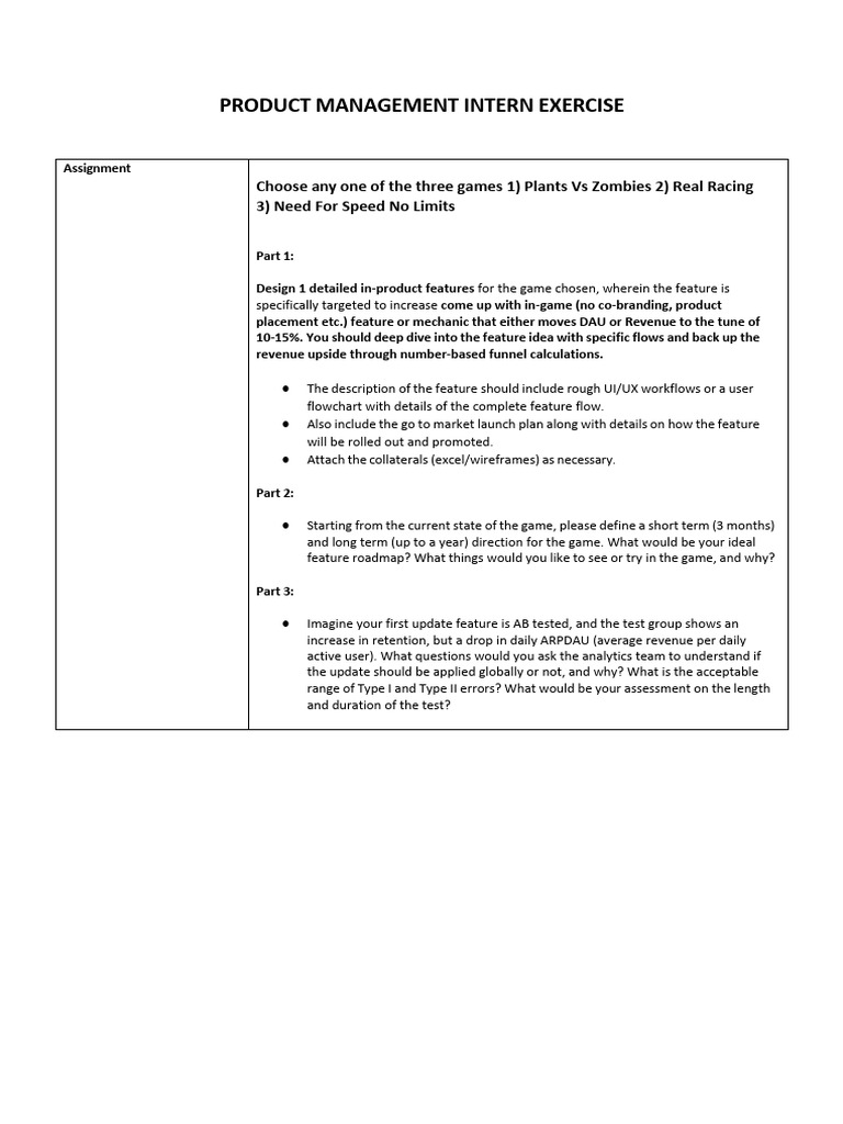 Product Management Intern Game Exercise | PDF