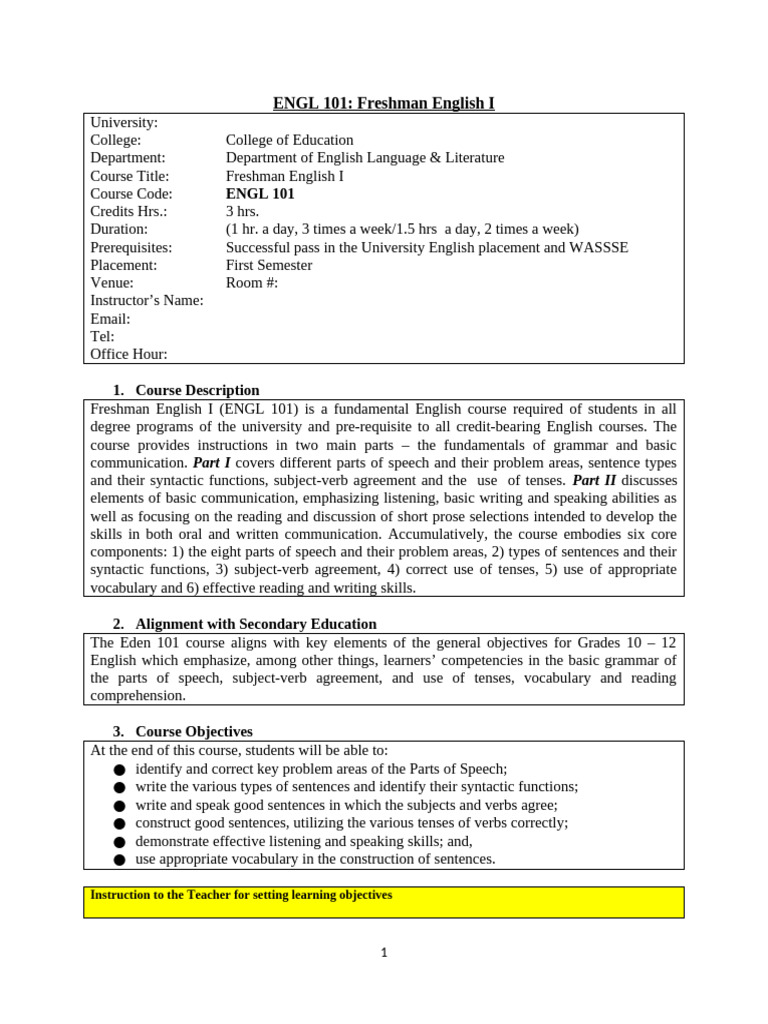 Freshman English I Course Overview | PDF | Subject (Grammar) | Verb
