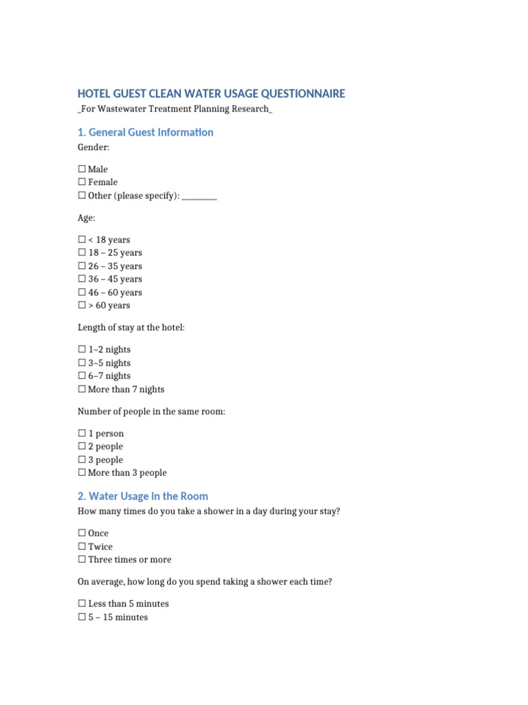 Hotel Guest Water Usage Questionnaire | PDF | Water | Water Pollution