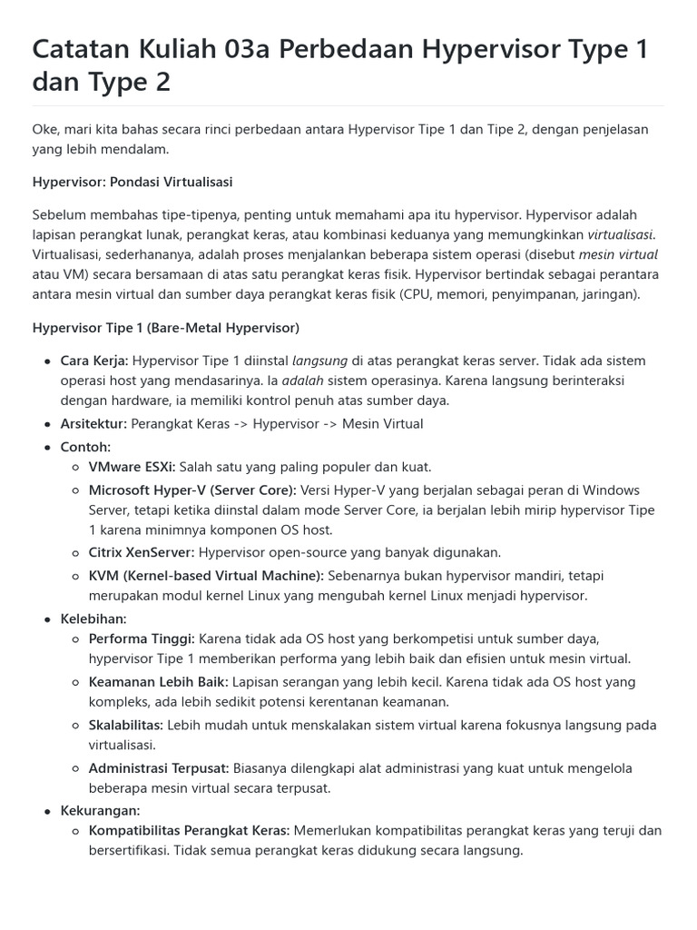 Catatan Kuliah 03a Perbedaan Hypervisor Type 1 Dan Type 2 | PDF