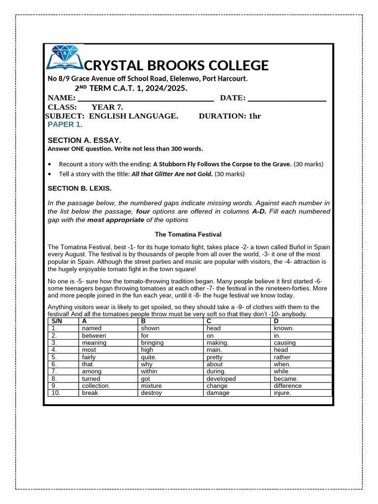 CBC Cat 1 t2 Y7 English 2025 | PDF | Adverb | Linguistics