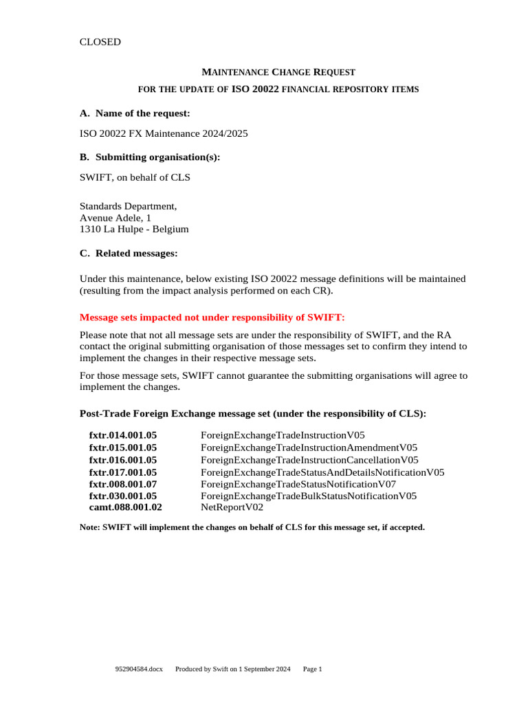 ISO 20022 FX Maintenance Update 2024/2025 | PDF