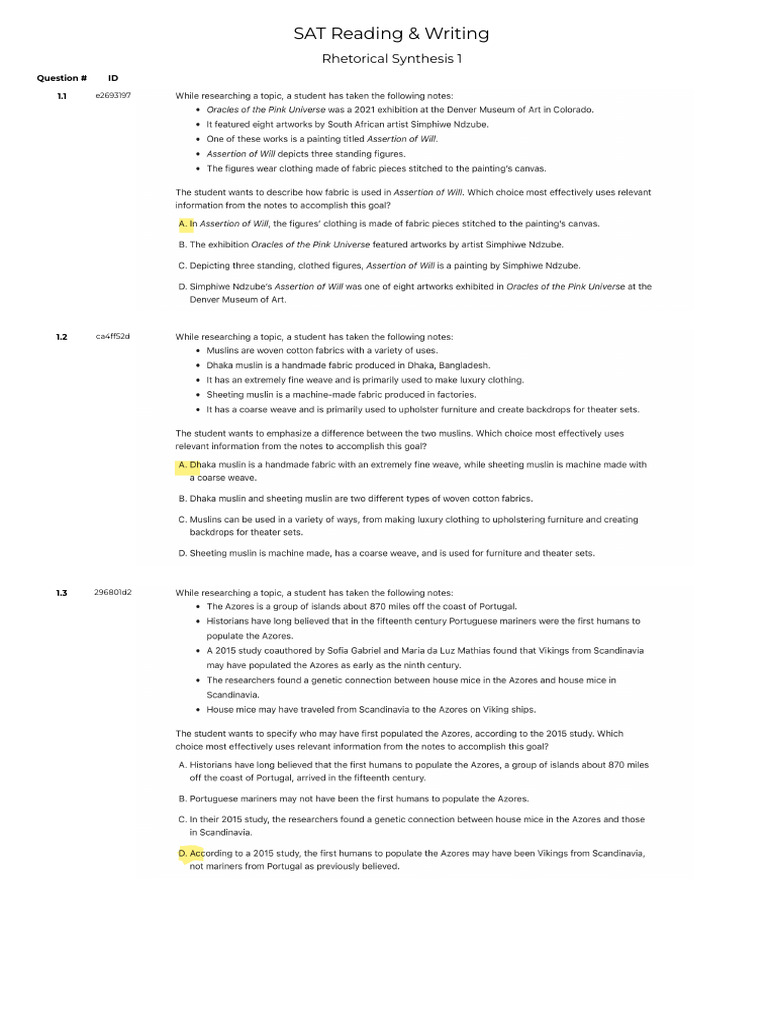 SAT Rhetorical Synthesis Practice | PDF