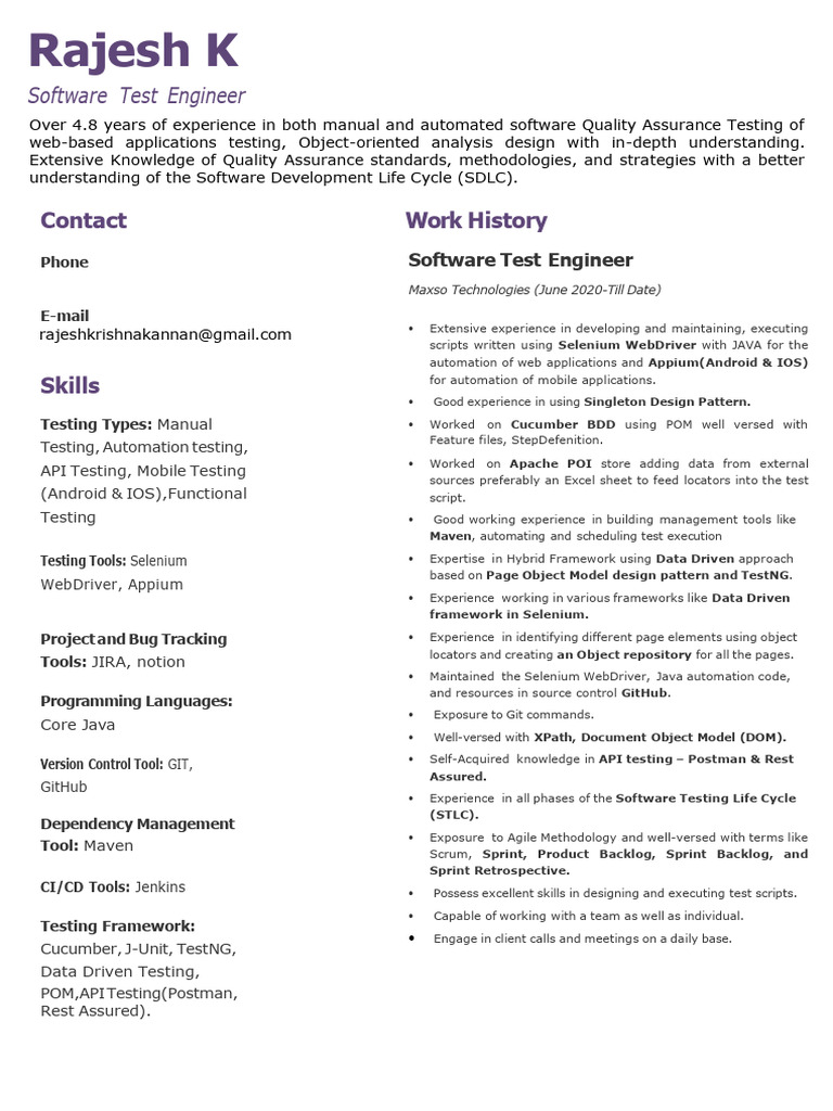 Software Test Engineer Resume Summary | PDF | Selenium (Software ...