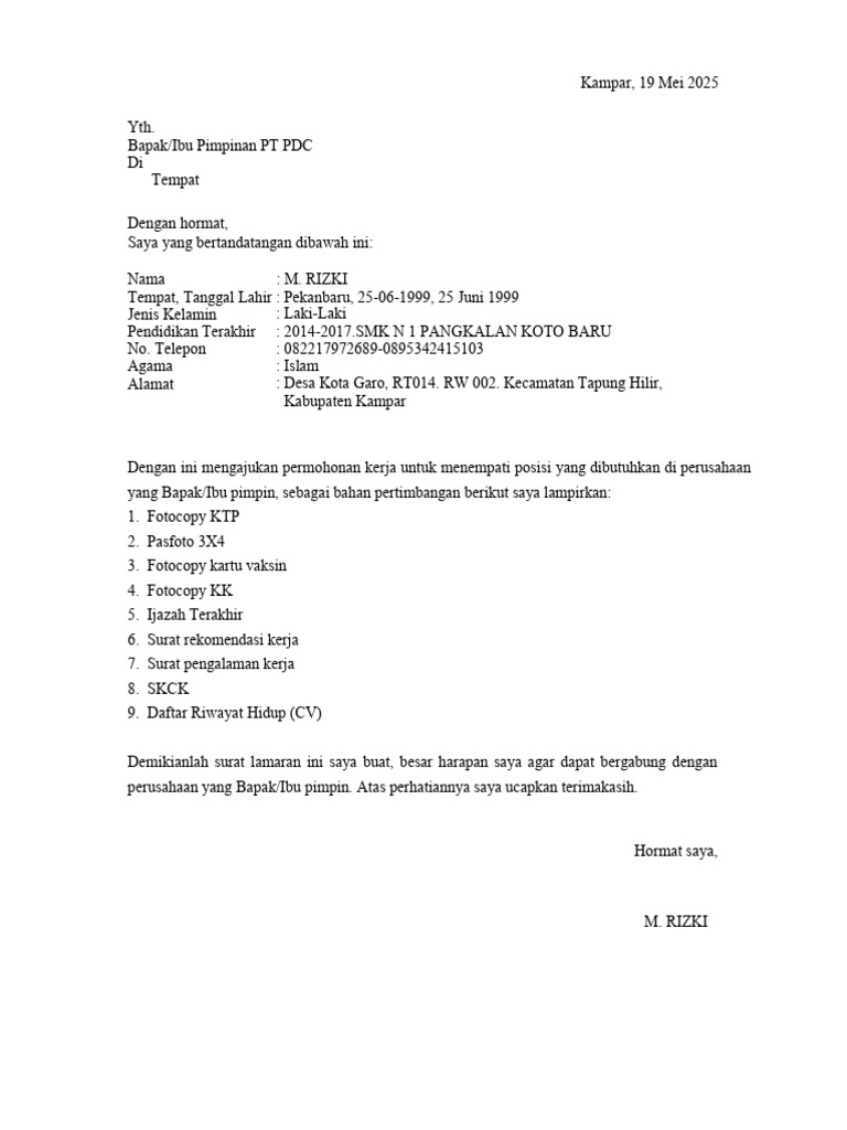 Surat Lamaran Kerja Rizki | PDF