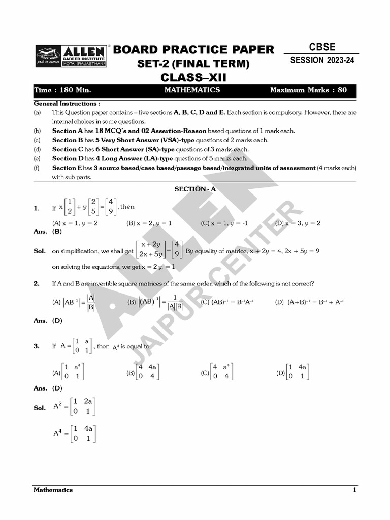Mathematics Class XII Paper 2 (FC) | PDF