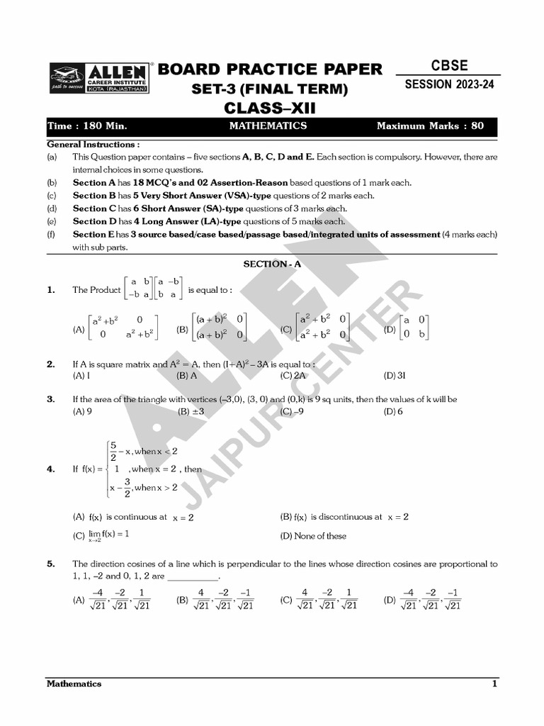 Mathematics Class XII Paper 3 (SC) | PDF