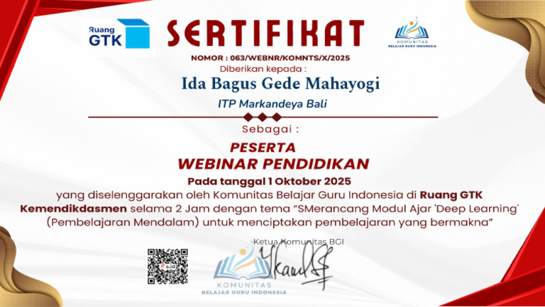 Sertifikat Webinar Ida Bagus Gede Mahayogi Merancang Modul Ajar Deeplearning 1 | PDF