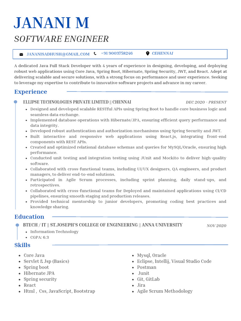 Janani M 4.1 Years Java Fullstack Spar BLR | PDF | Java (Programming ...