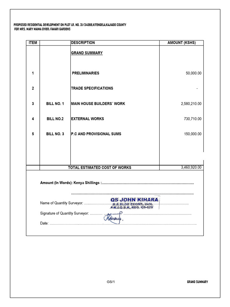 Summary Page Kajiado Boq | PDF