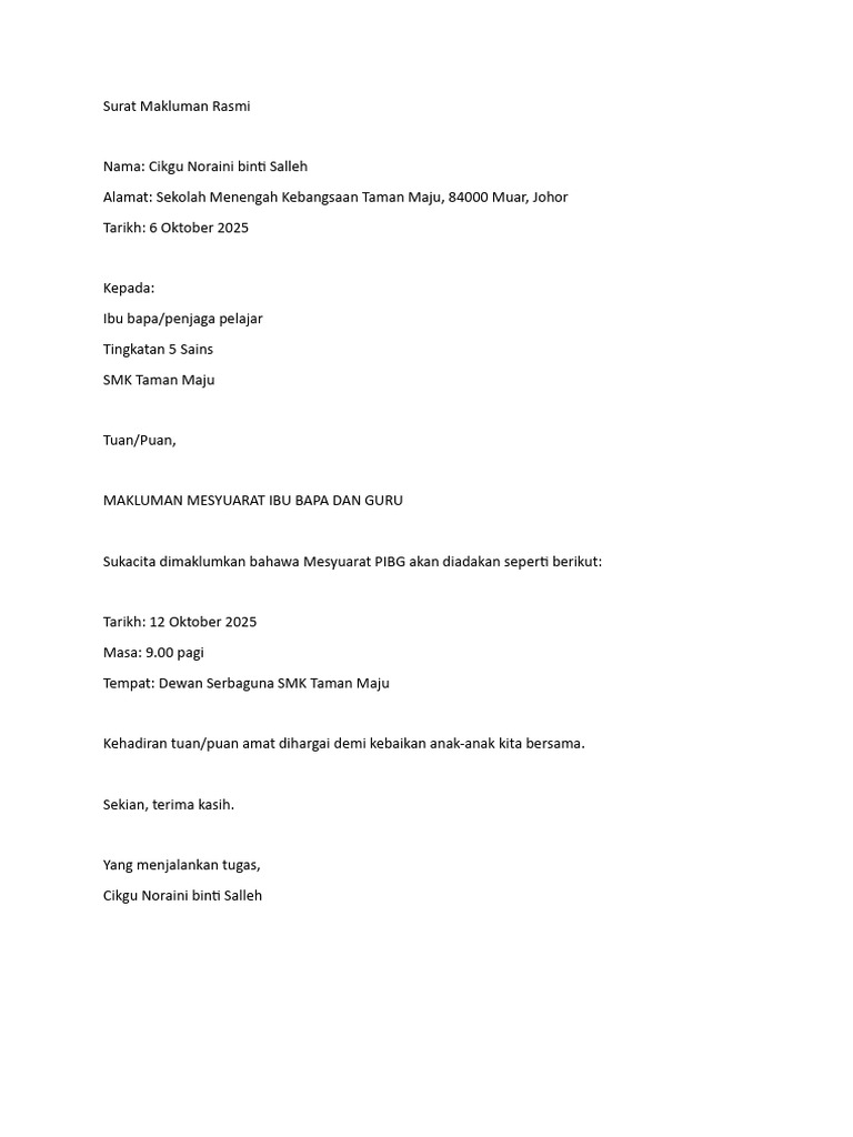 Surat Makluman Rasmi | PDF