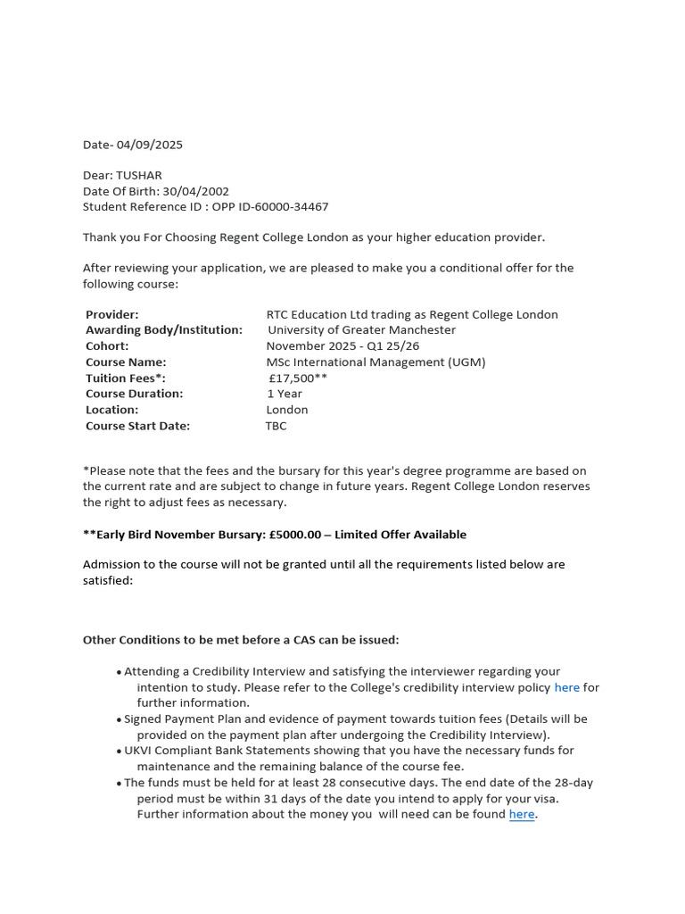 Regent Offer Letter Tushar | PDF | Travel Visa