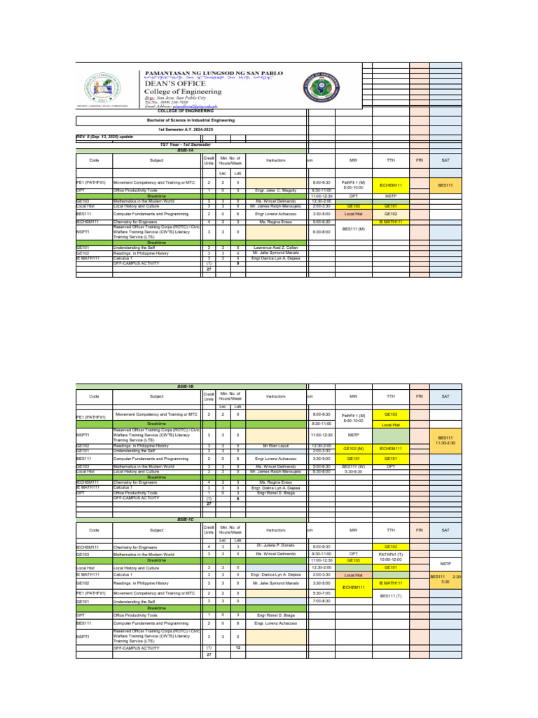 Coe Class Sched 1st Sem Ay 2025 2026 Rev. 5.0 | PDF | Engineering | Computing