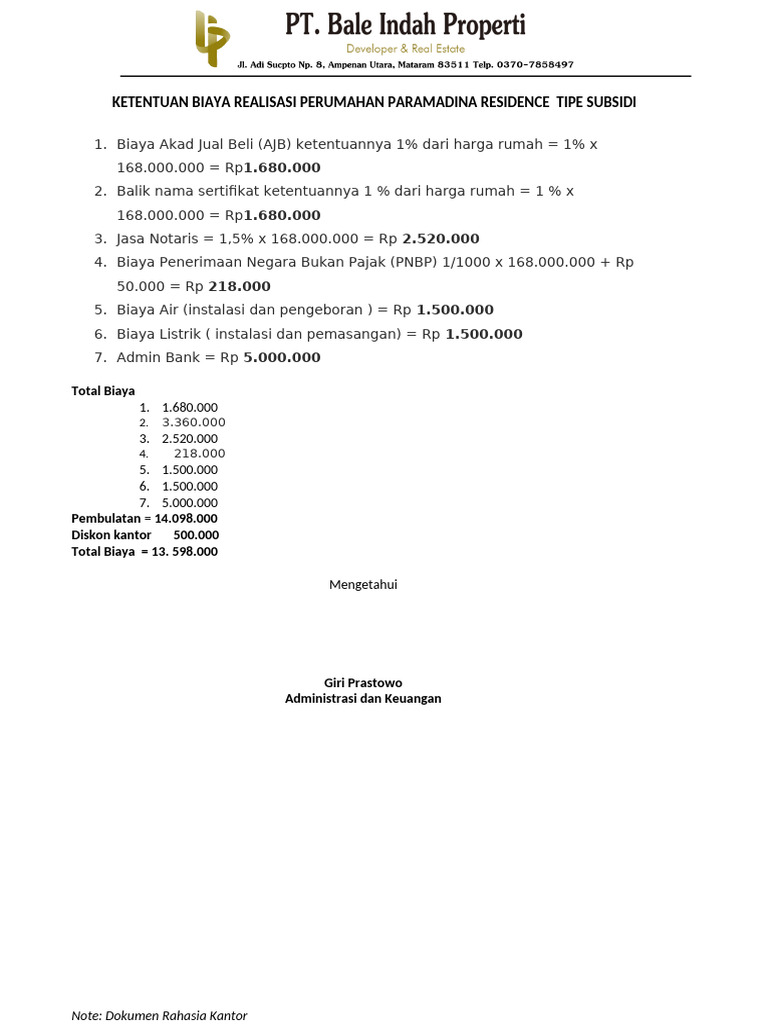 Ketentuan Biaya Realisasi Perumahan Paramadina Residence Tipe Subsidi | PDF