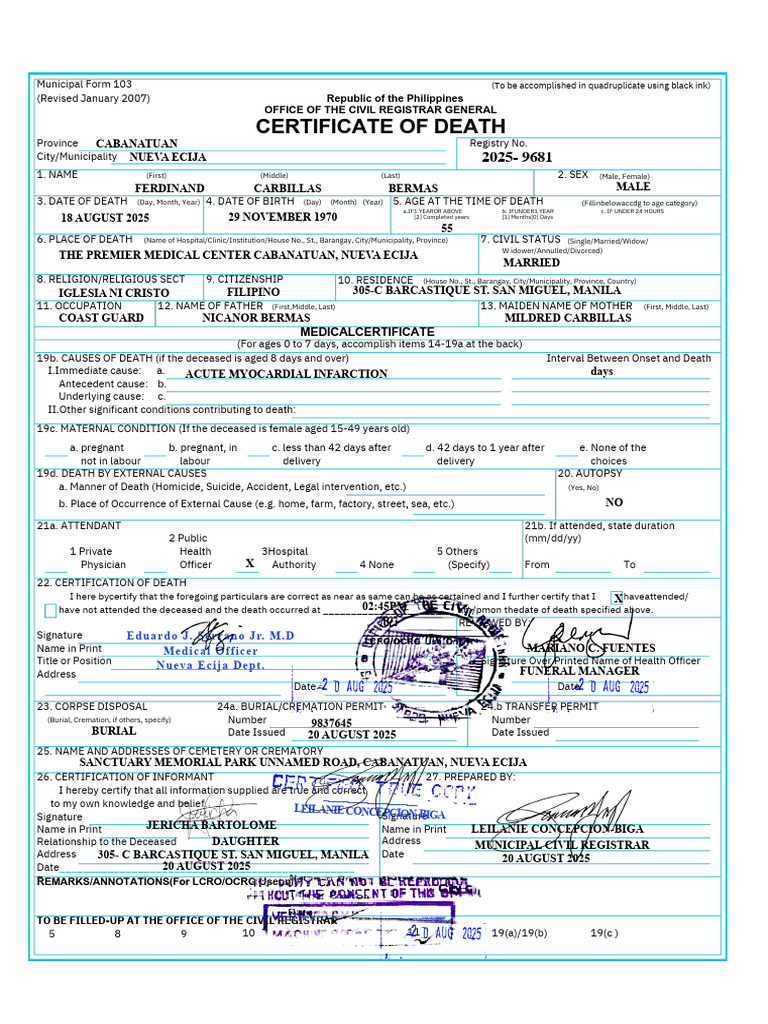Municipal Form 103 Final Stamp | PDF | Death