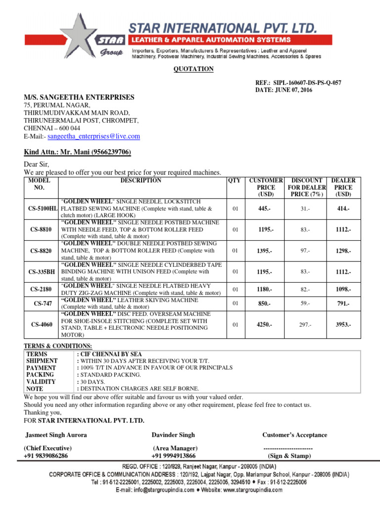 Quotation for Sewing Machines Offer | PDF | Textile Arts | Sewing