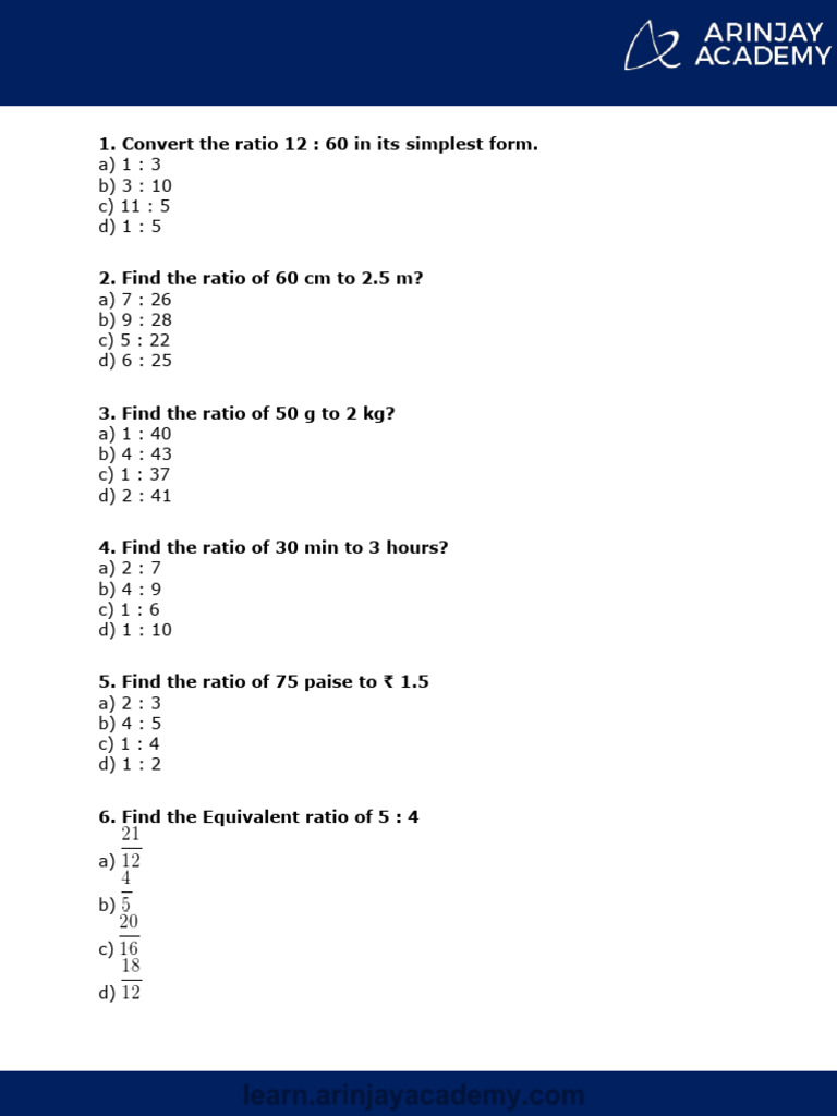 Class 6 Ratio and Proportion Worksheet | PDF | Ratio | Chess