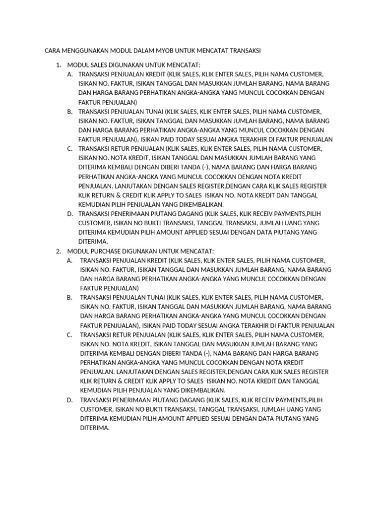 Cara Menggunakan Modul Dalam Myob Untuk Mencatat Transaksi | PDF