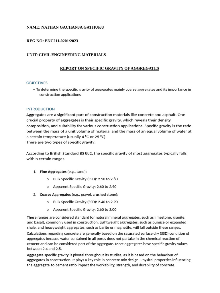 Specific Gravity of Coarse Aggregates | PDF | Concrete | Construction ...