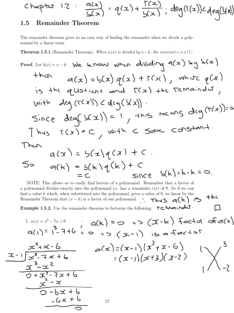 Week 1 Algebra Lecture 2.2 Remainder Theorem - Notes | PDF