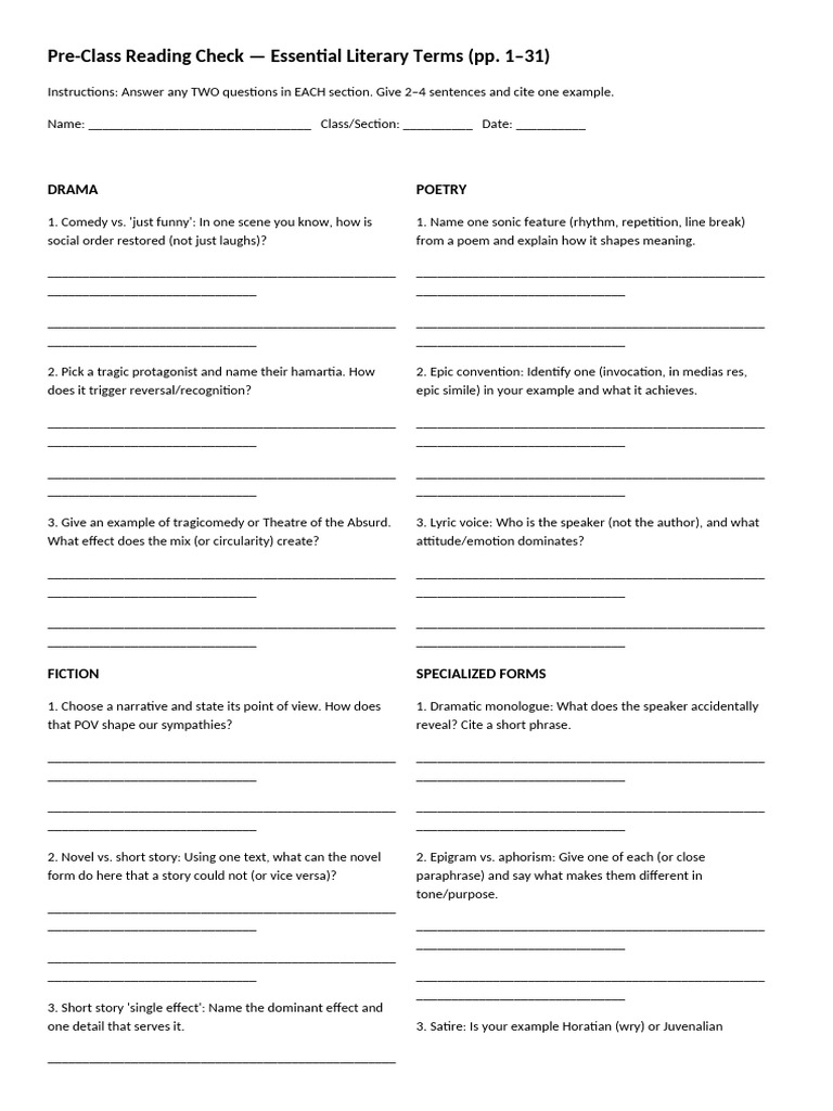 Essential Literary Terms Preclass Reading Check Pp1-31 ONEPAGE | PDF ...