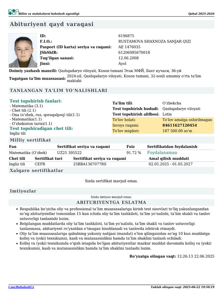 Rustamova Shaxnoza Sanjar Qizi Qayd Varaqa | PDF