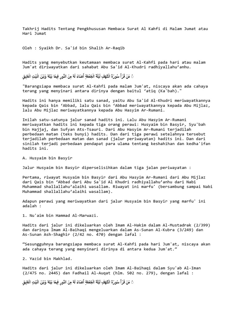Takhrij Hadits Tentang Pengkhususan Membaca Surat Al Kahfi Di Malam ...