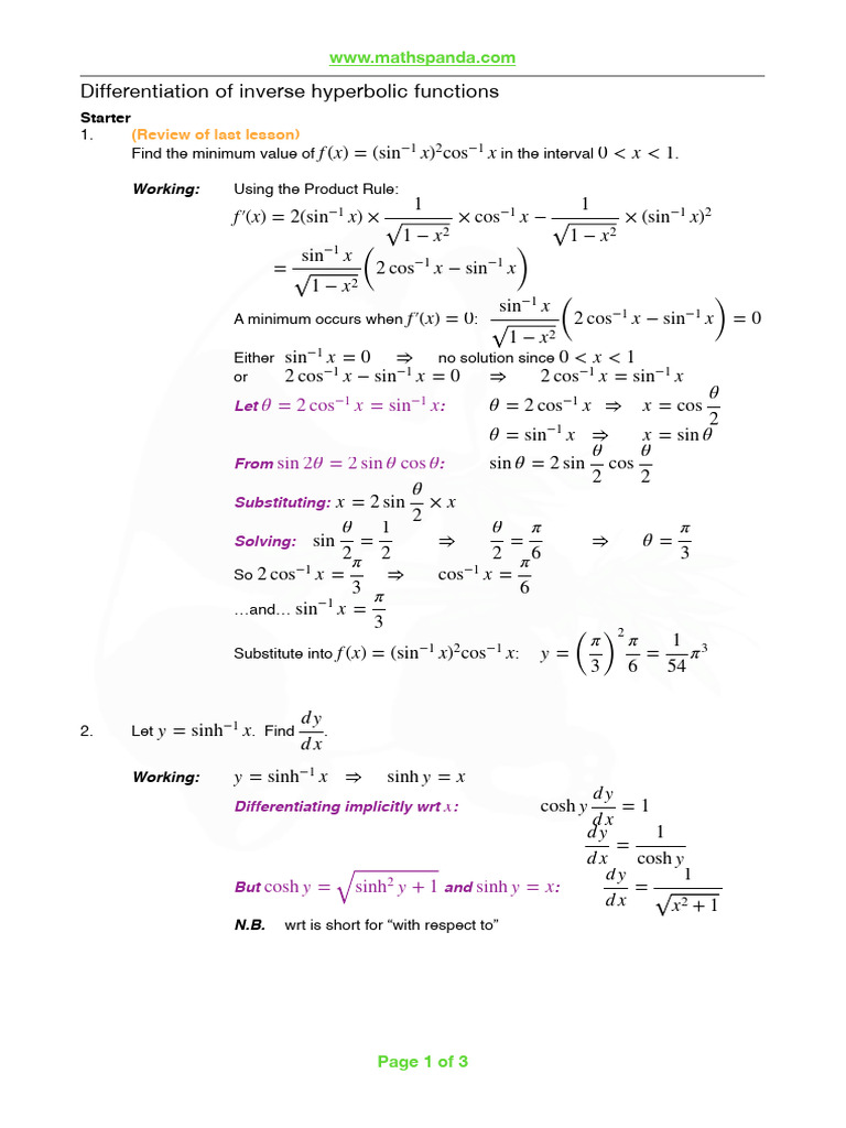 Differentiation of Inverse Hyperbolic Functions | PDF | Mathematical ...