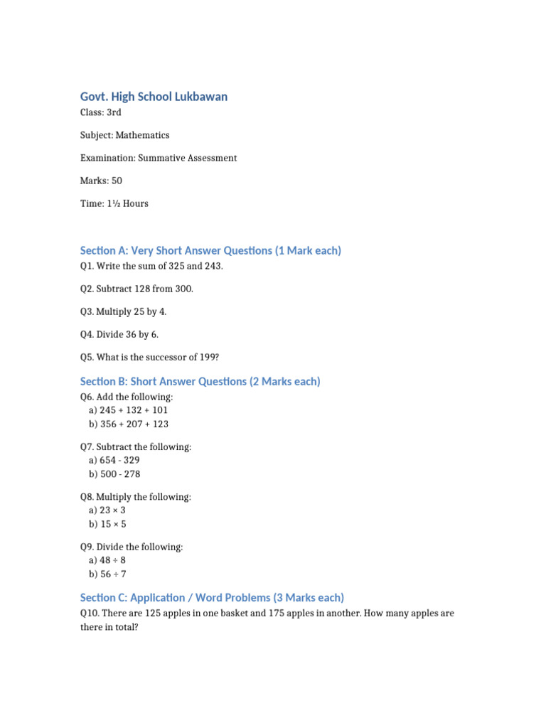 Class 3 Maths Basic Operations Question Paper | PDF