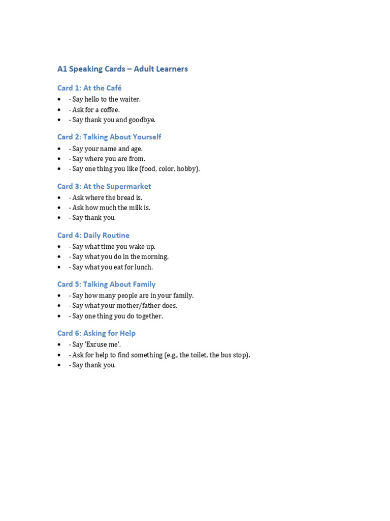 A1 Speaking Cards for Adults | PDF