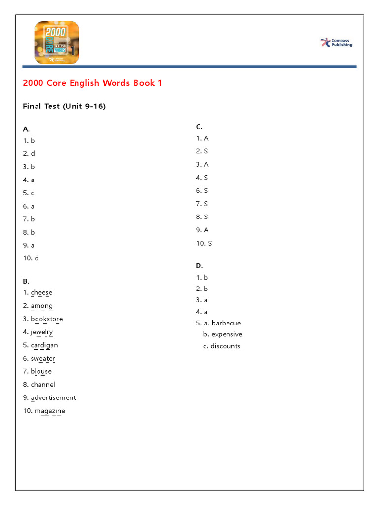 2000 Core English Words - 1 - Final - Answer Key | PDF