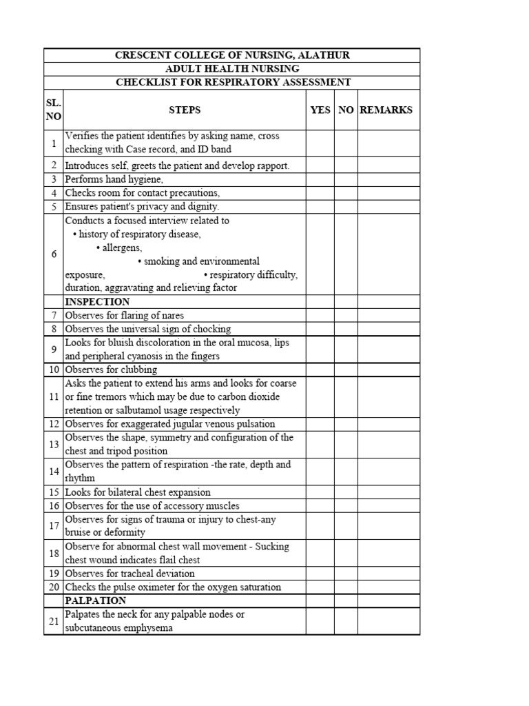 Focused Respiratory Assessment Checklist | PDF | Respiratory System ...