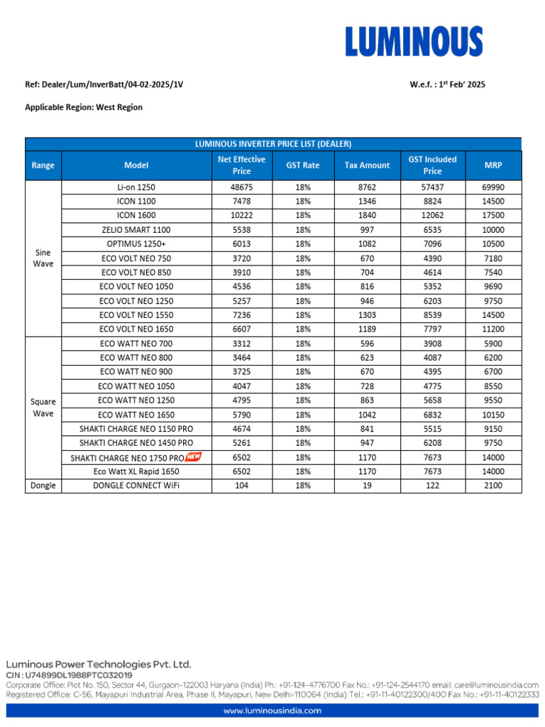 INBT Dealer Price List - Feb'25 - West | PDF | Taxes | Government Finances
