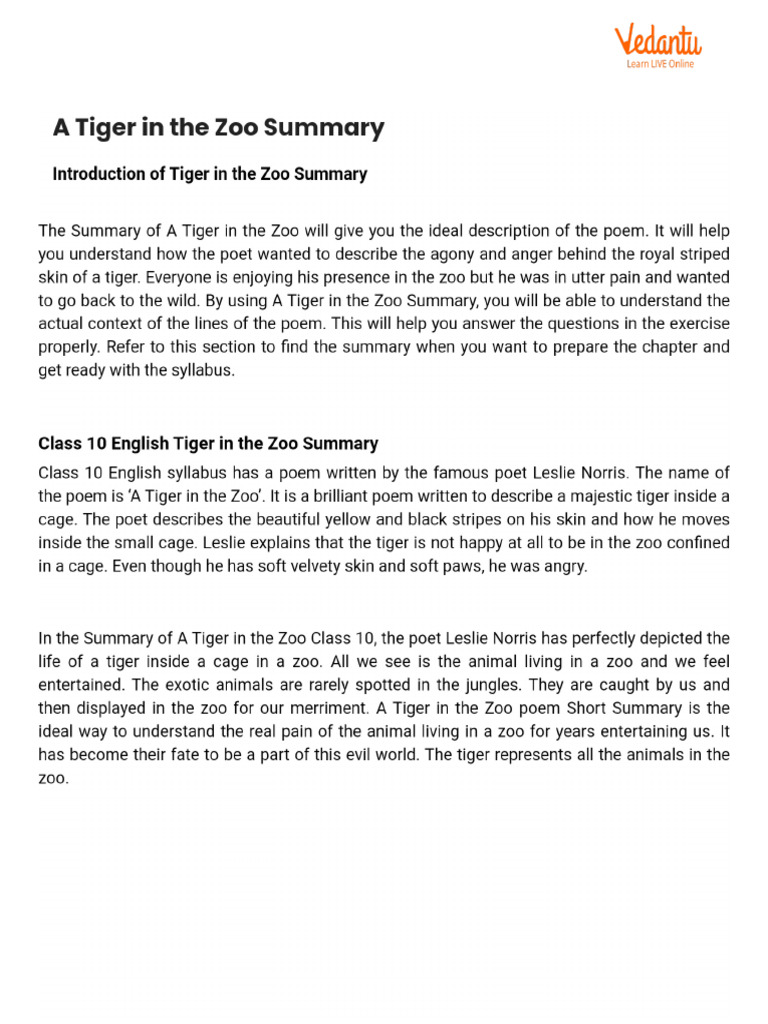 A Tiger in The Zoo Summary | PDF