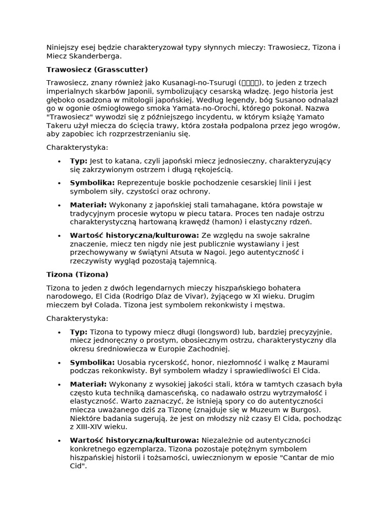 Niniejszy Esej Będzie Charakteryzował Typy Słynnych Mieczy | PDF