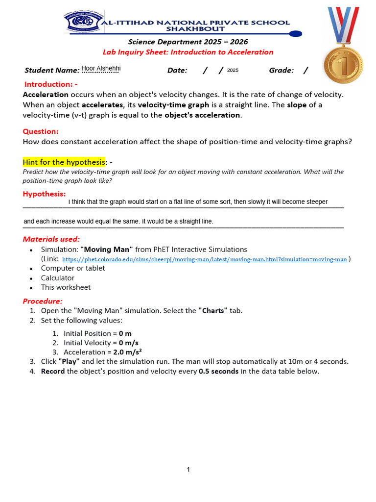 Gold - Lab Inquiry Sheet | PDF | Velocity | Acceleration